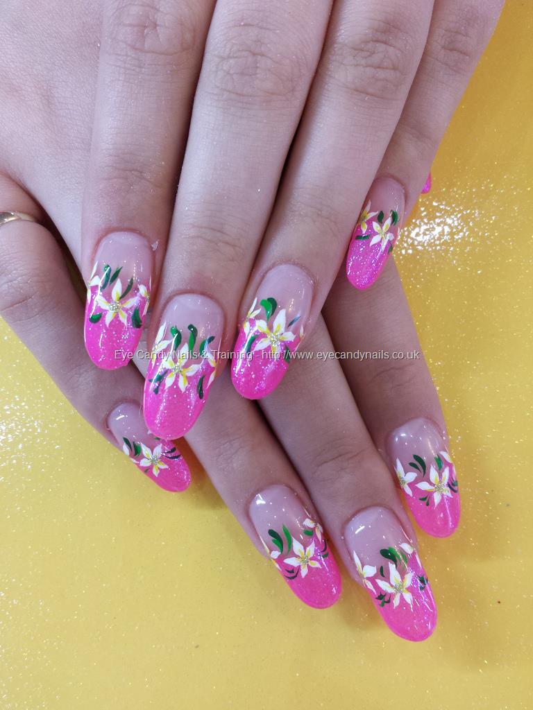 Eye Candy Nails And Training Pink Glitter Tips Wign Freehand Flower