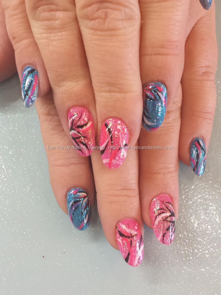 Eye Candy Nails And Training Pink And Blue Glitter With Freehand Flick